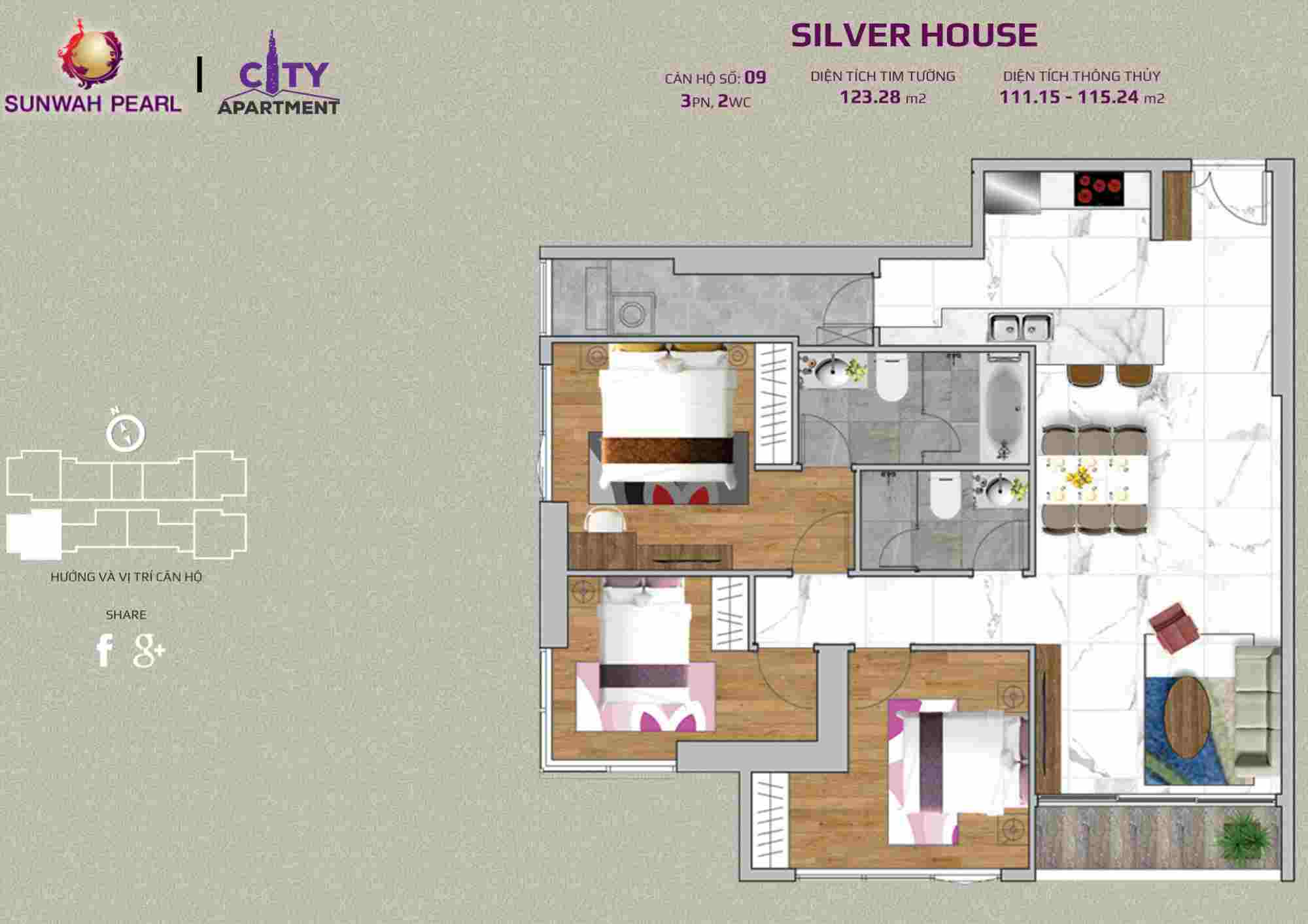 Layout căn hộ Silver House – Sunwah Pearl – City Apartment